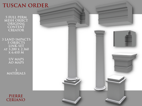 Second Life Marketplace - Tuscan order - 5 FULL PERM Meshes